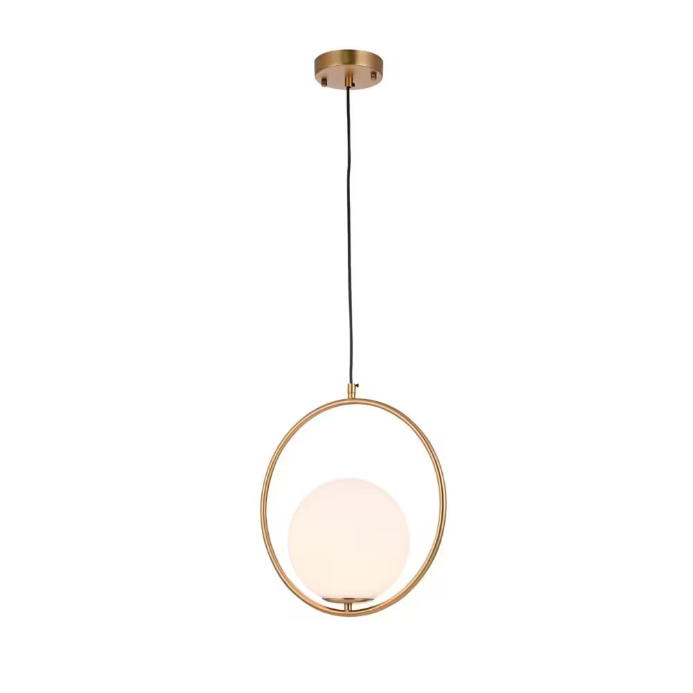 1-Light Gold Round Frame Single Pendant Light With Milk White Glass Sh ...