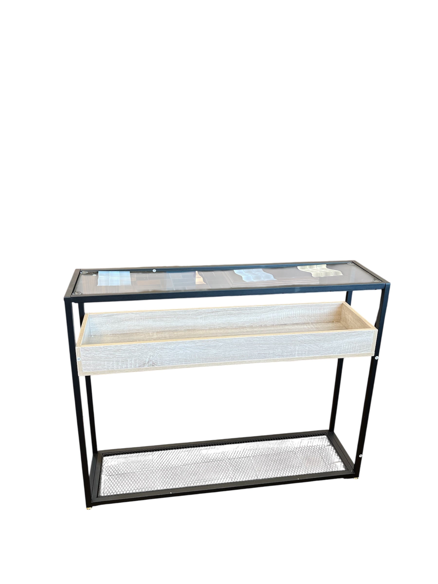 Modern Glass Display Console Table with Wood Storage & Metal Frame ...