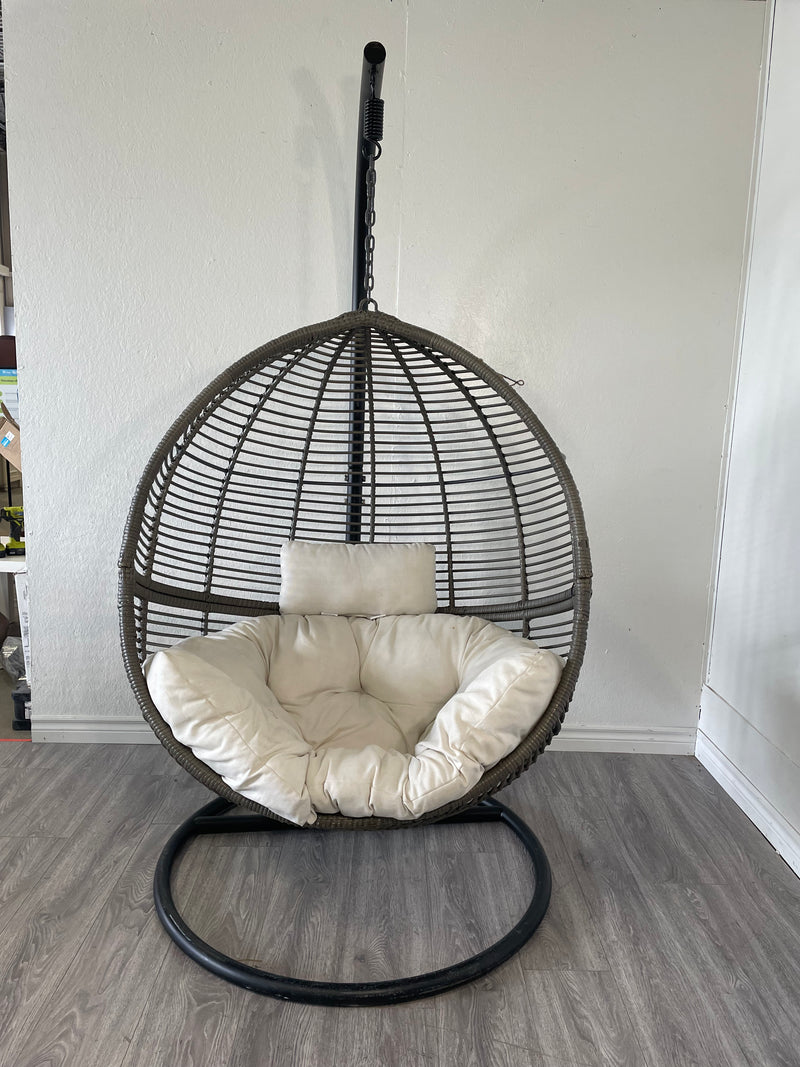 Hampton Bay Gray Wicker Round Outdoor Patio Egg Lounge Chair Swing wit ...