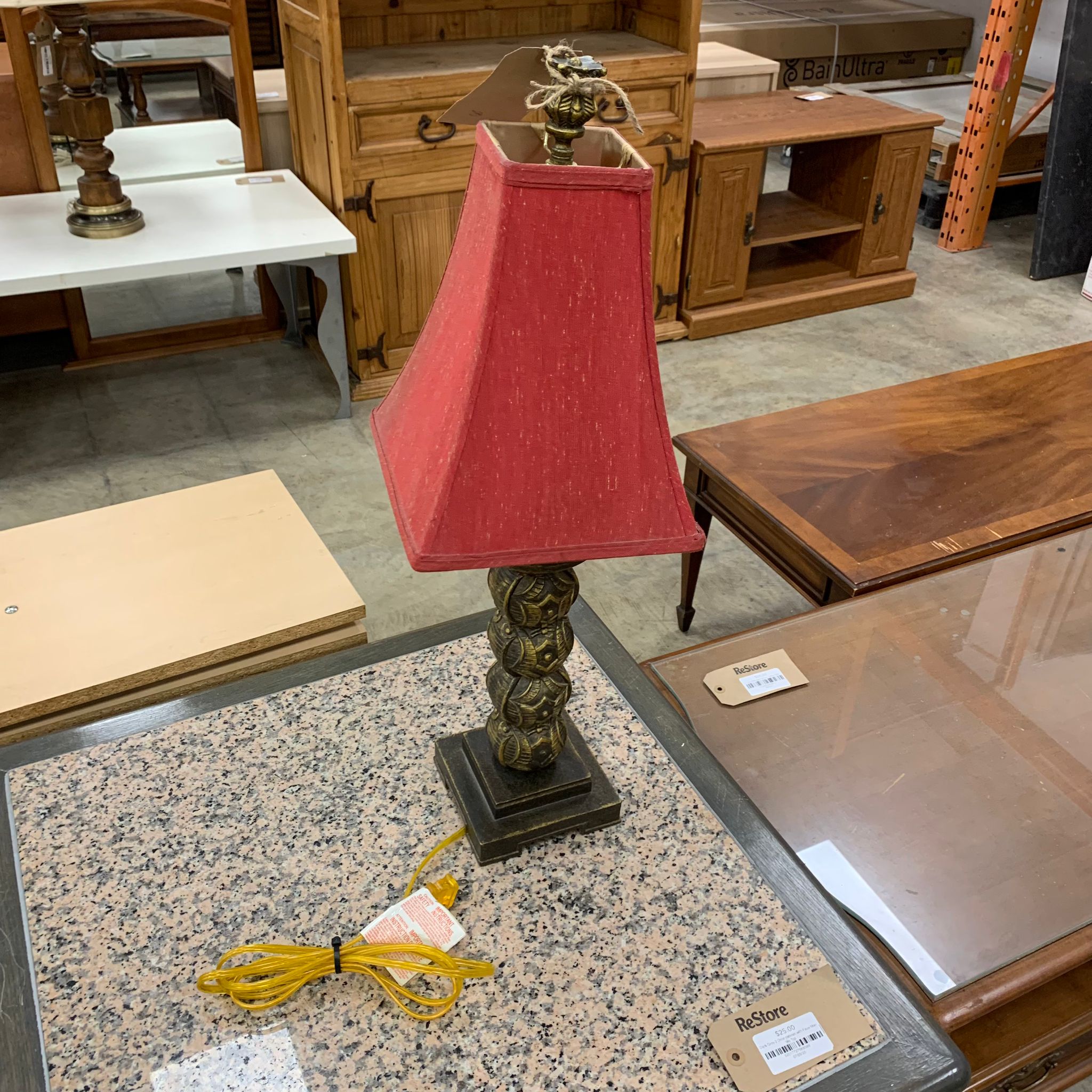 Rustic Table Lamp w/ Red Shade – Habitat ReStore GTA